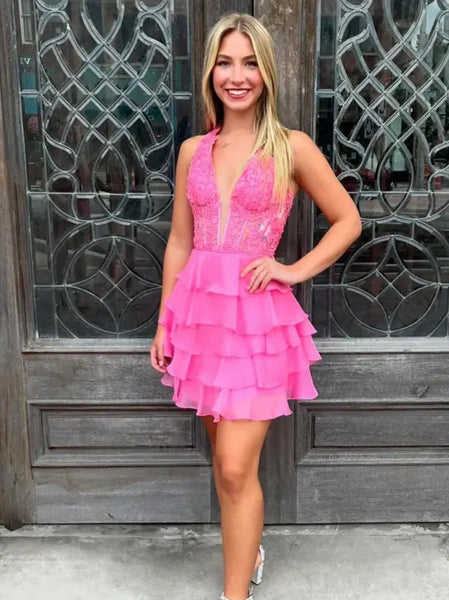 Halter Neck Short Hot Pink Lace Prom Dresses, Halter Neck Short Pink L ...