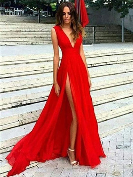 Red A Line V Neck Long Prom Dress, Red V Neck Formal Dresses, Graduati ...