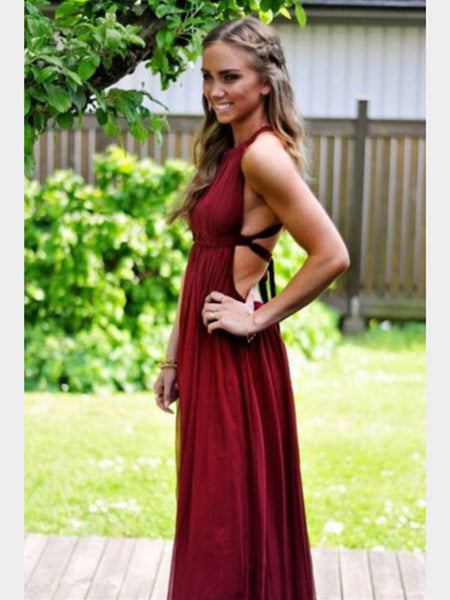 A Line Sleeveless Backless Maroon Prom Dress, Maroon Formal Dress, Mar ...