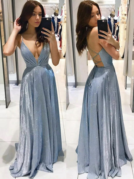 A Line V Neck Backless Blue Prom Dresses, Open Back Blue Long Formal E ...