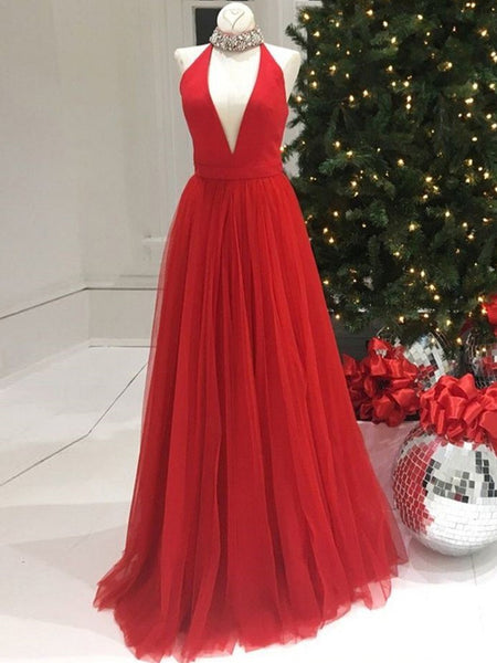 A Line V Neck Red Long Prom Dresses, Red V Neck Long Formal Evening Dr ...