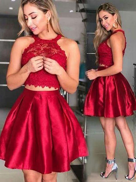 Halter Neck Two Pieces Short Red Lace Prom Dresses, 2 Pieces Short Red ...