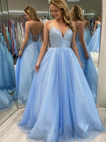 Shiny V Neck Blue Backless Prom Dresses, Open Back Light Blue Formal E ...