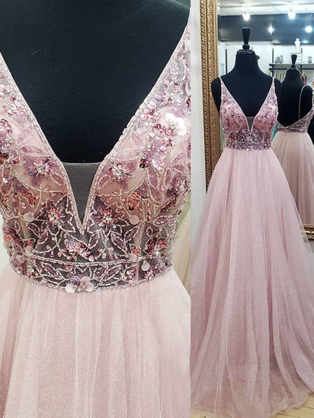 V Neck Pink Beaded Tulle Prom Dresses, Pink Backless V Neck Formal Eve ...